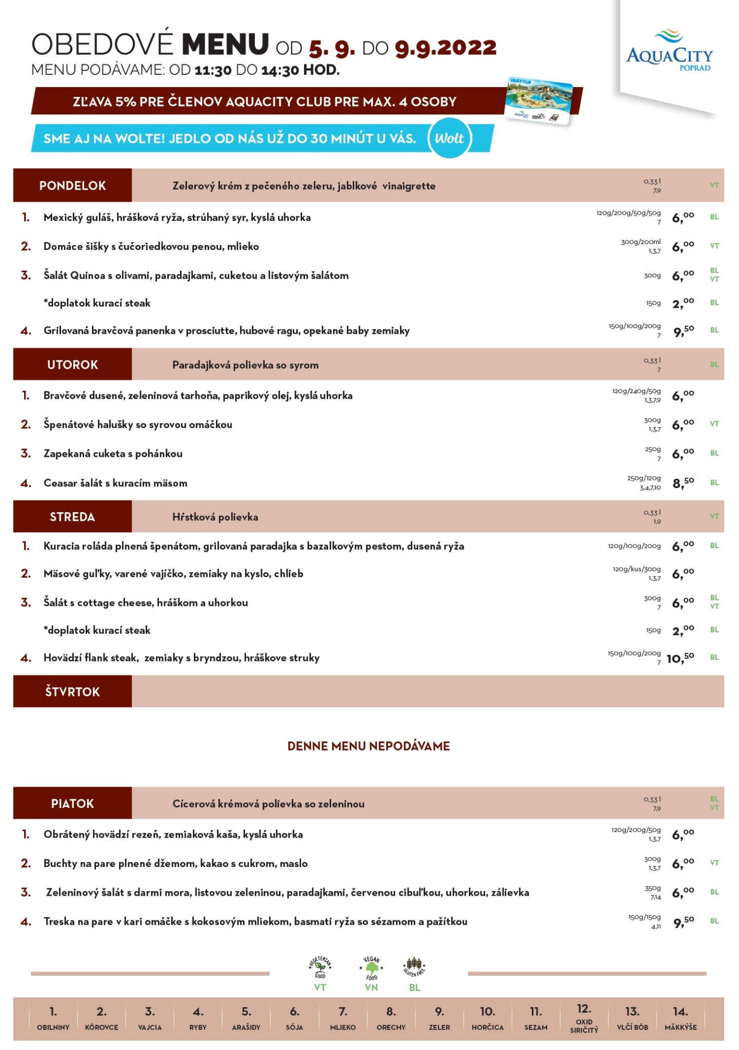 Denne menu – AquaCity Poprad Slovensko